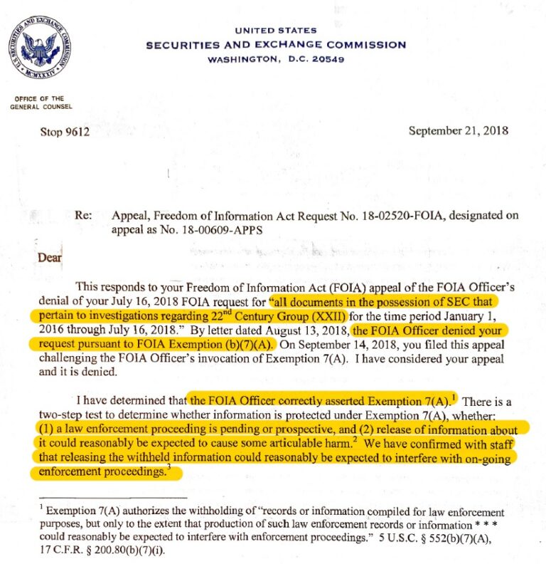 22nd Century Group (XXII) – Undisclosed SEC Investigation Revealed ...